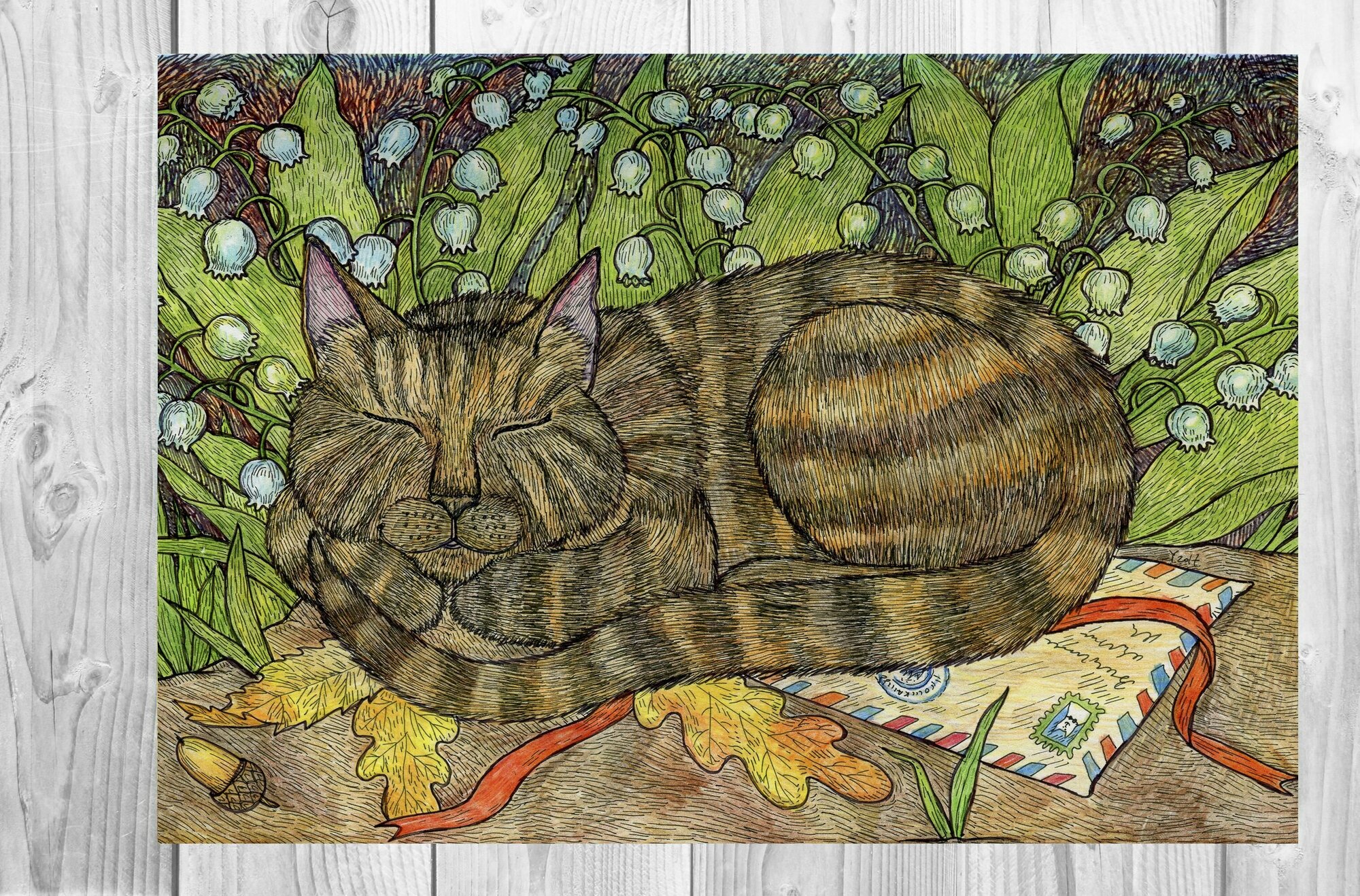 Открытка Кот, ландыши и старые письма. Открытка с котом поздравительная с конвертом