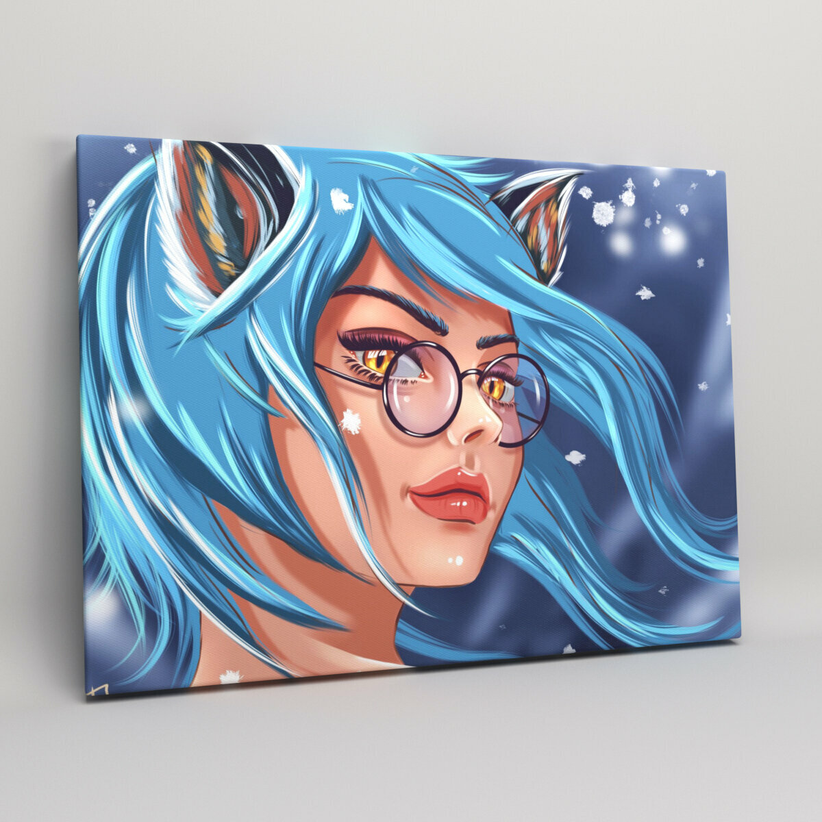 Картина на холсте (интерьерный постер) "Девушка с синими волосами и ушками" аниме, с деревянным подрамником, размер 60x45 см