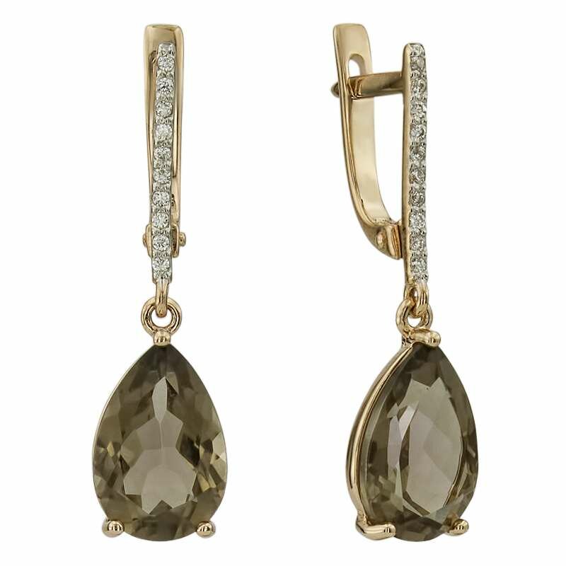 Серьги, красное золото, 585 проба, раухтопаз