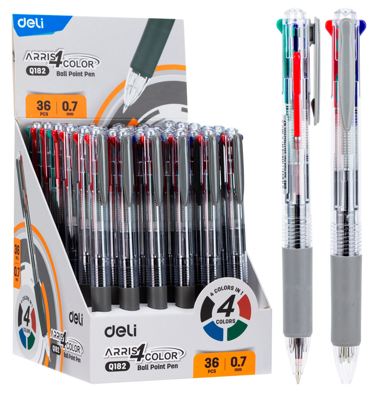 Ручка шариков. автоматическая Deli Arris EQ182 прозрачный/серый d=0.7мм ассор. черн. 4стерж. резин.