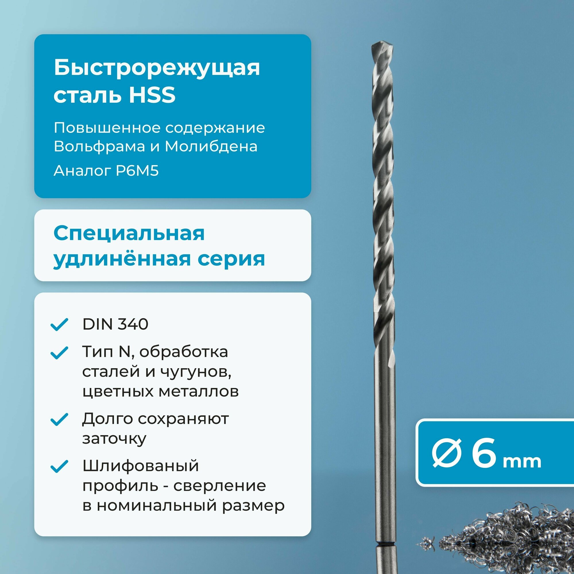 Сверло по металлу 6 мм NORGAU Industrial HSS удлинённое, шлифованное, с центрирующей подточкой перемычки, правое, DIN 340