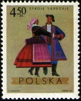 (1969-059) Марка Польша "Новы-Сонч, Краков" Национальная одежда III O