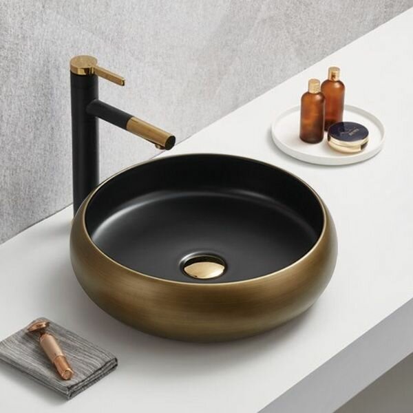 Накладная круглая раковина 42 см для ванной Comforty 78651 бронзовая черная матовая, для установки на столешницу
