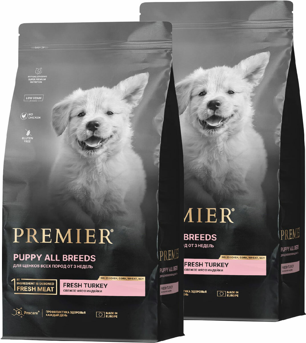 Корм сухой Premier Low Grain Puppy All Breeds Turkey низкозерновой для щенков всех пород, индейка, 1 кг х 2 шт