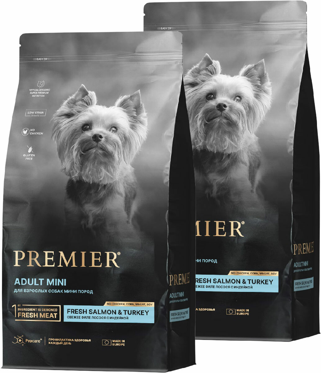Корм сухой Premier Low Grain Dog Adult Mini Salmon & Turkey низкозерновой для собак мелких пород, лосось индейка, 1 кг х 2 шт