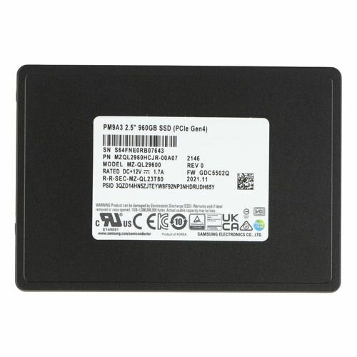 SSD накопитель Samsung PM9A3 MZQL2960HCJR-00A07 960ГБ, 2.5", PCIe 4.0 x4, NVMe, U.2