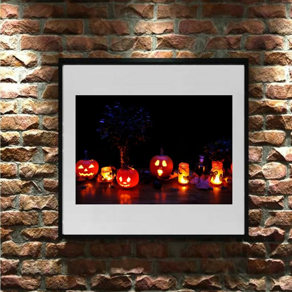 Плакат "Тыквы и баночки со свечками" на Хэллоуин (Halloween) от Cool Eshe из коллекции "Праздники", плакат на стену А4 (29,7 х 21 см) для интерьера в стиле Дня всех святых