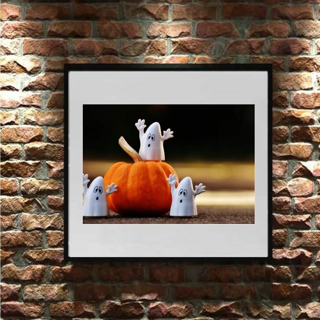 Постер "Привидения на тыкве" на Хэллоуин (Halloween) от Cool Eshe из коллекции "Праздники", плакат на стену А4 (29,7 х 21 см) для интерьера в стиле Дня всех святых