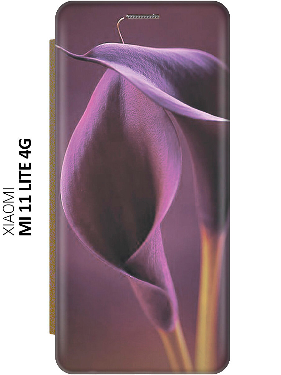 Чехол-книжка на Xiaomi Mi 11 Lite / 11 Lite 5G / Сяоми Ми 11 Лайт / 11 Лайт 5г c принтом "Сиреневые каллы" золотистый