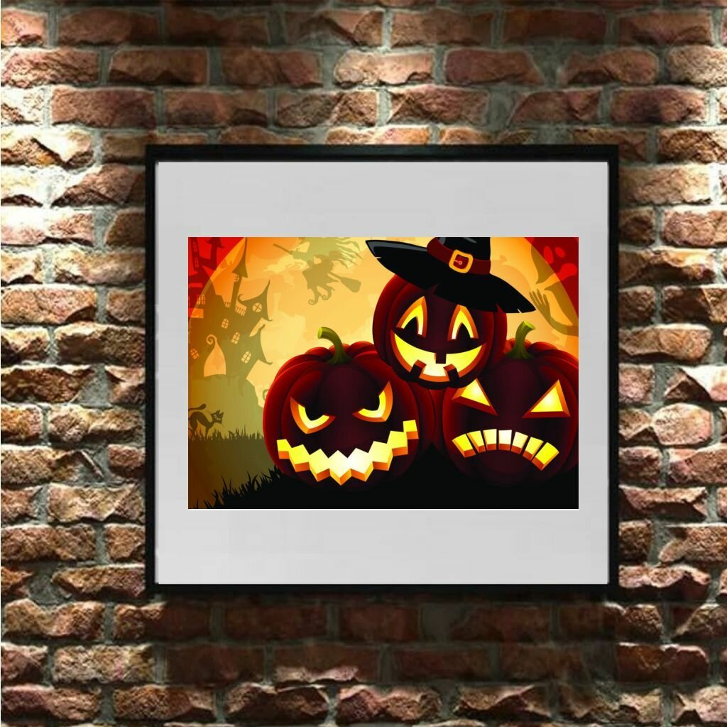 Плакат "Три тыквы" на Хэллоуин (Halloween) от Cool Eshe из коллекции "Праздники", плакат на стену А4 (29,7 х 21 см) для интерьера в стиле Дня всех святых