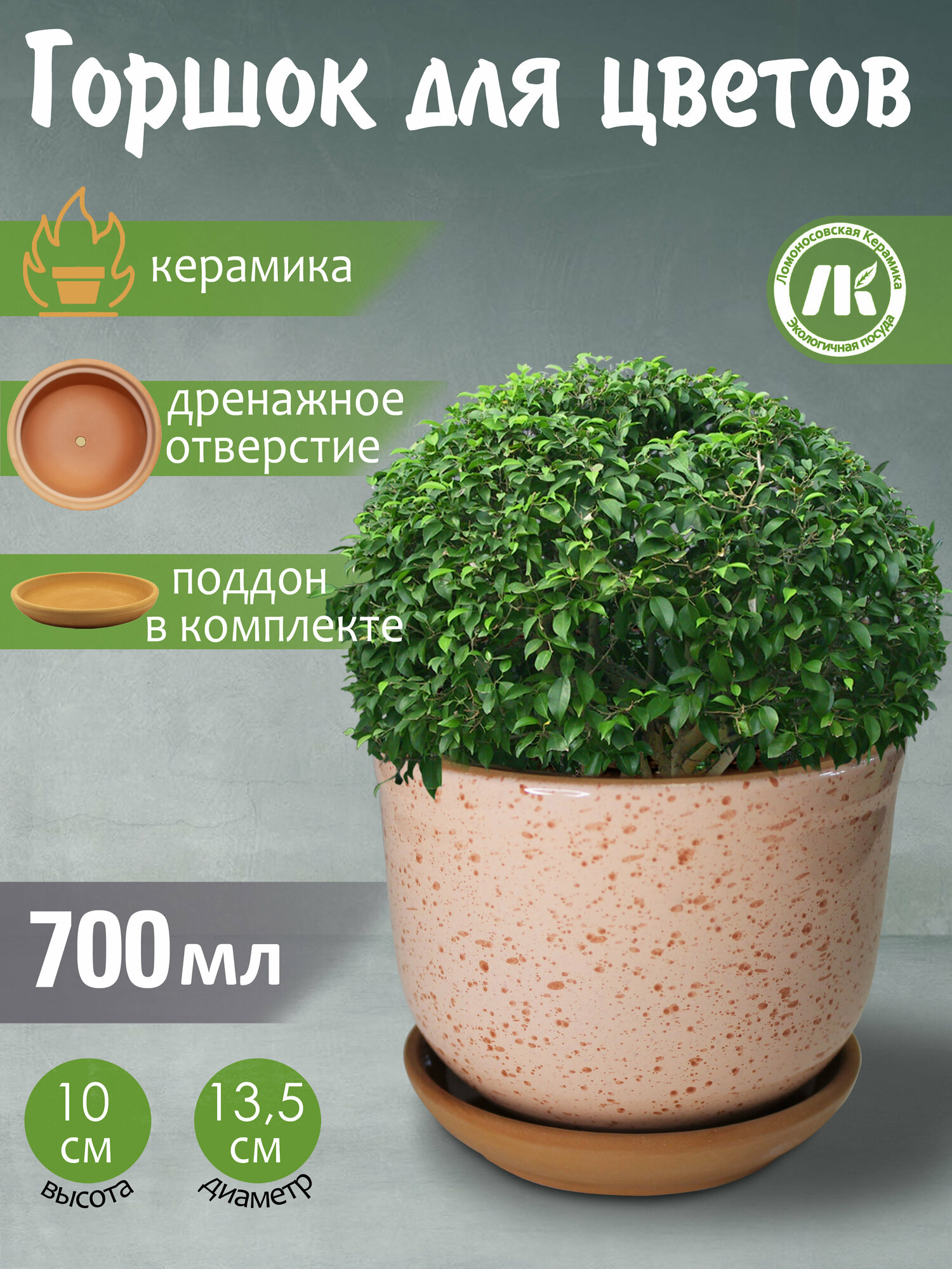 Горшок для цветов с поддоном "Ломоносовский" (розовый) d13,5см, h10см, 0,7л, керамика