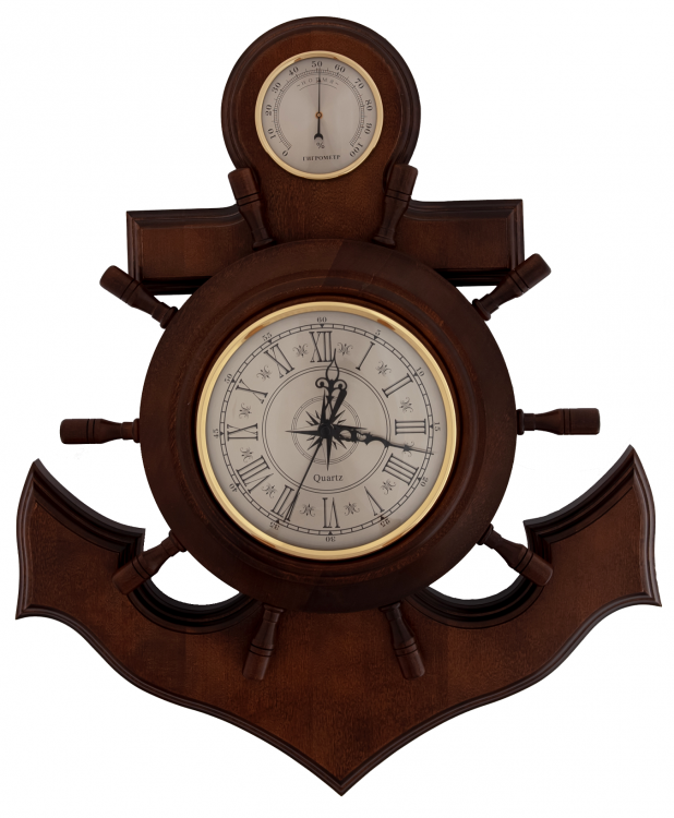 Метеостанция настенная 2 в 1 (часы, гигрометр) "Морское Путешествие" якорь со штурвалом цвет орех