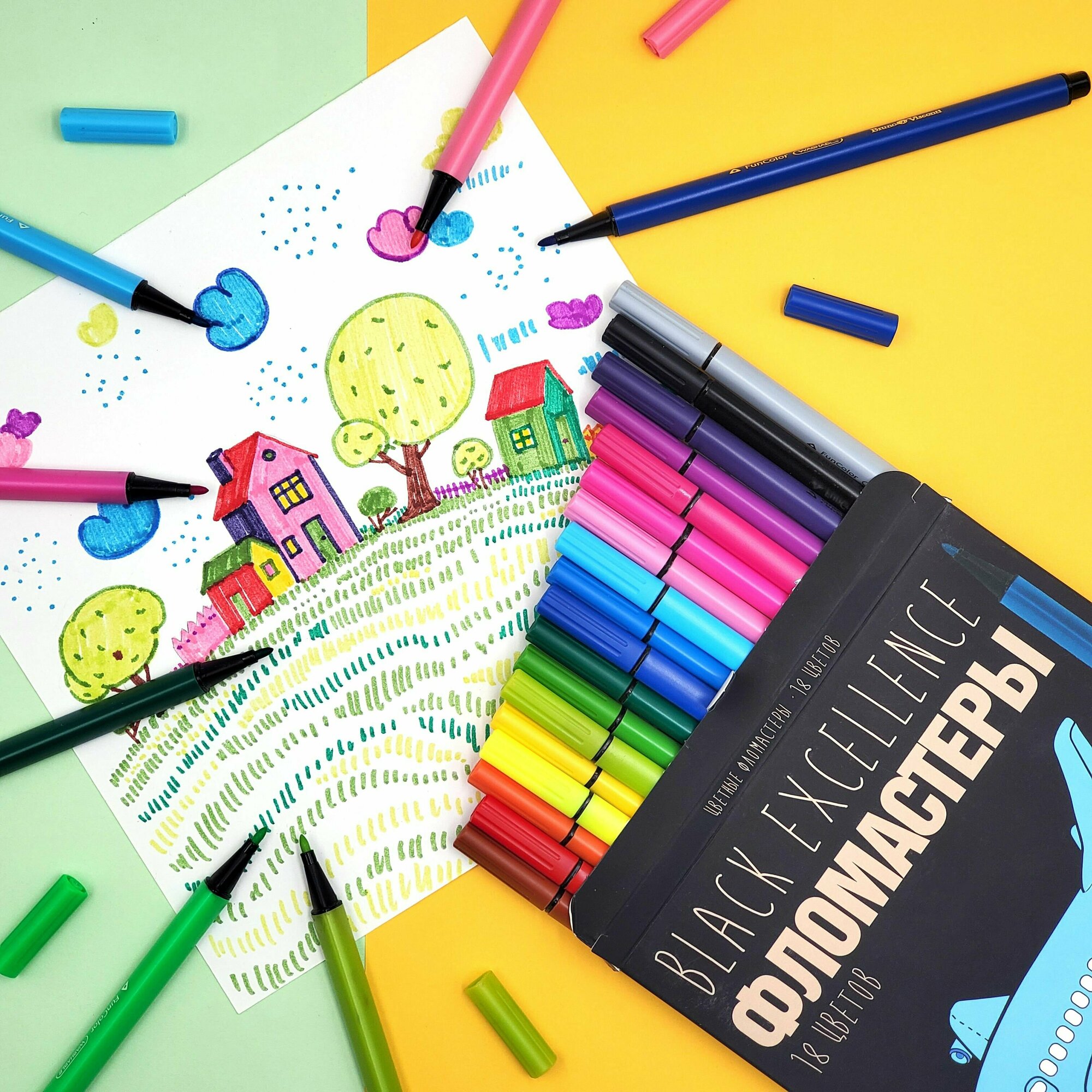 Фломастеры 18 цветов Bruno Visconti Black Excellence, Самолет