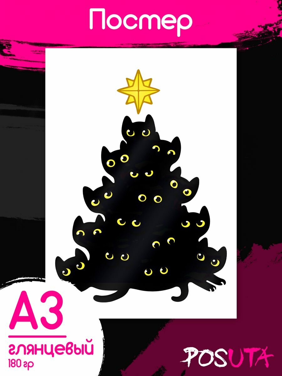 Постеры на стену Новый Год Ёлка из котов