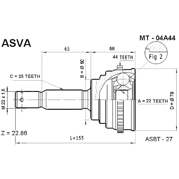 ASVA MT04A44 (0410004 / 0410004A44 / 084121) шрус наружный Accent (Акцент) / verna (22x50x25) (с кольцом abs)