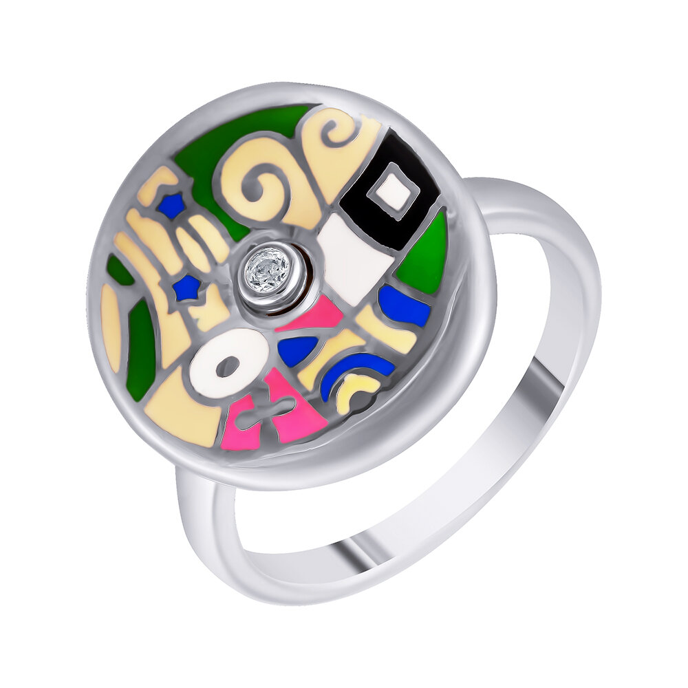 Кольцо, серебро, 925 проба, фианит, эмаль