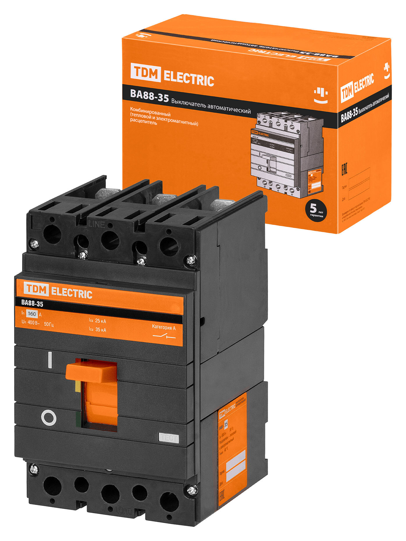 Автоматический выключатель TDM ВА88-35, 3 полюса, 160A, 35kA, монтаж на DIN-Рейку