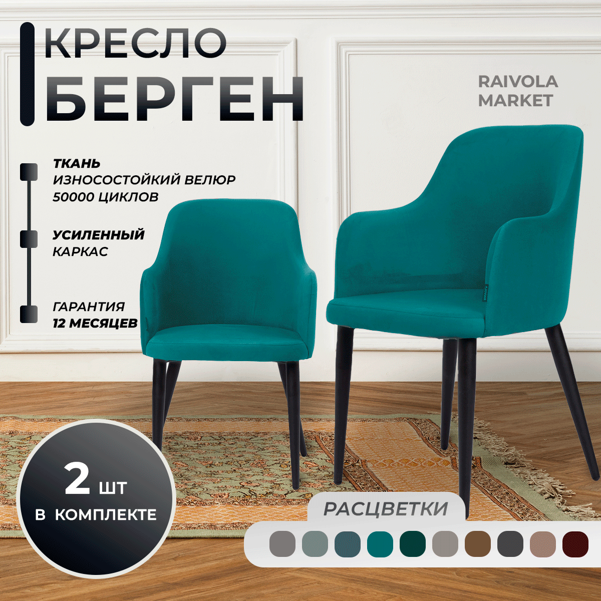 Кресло мягкое, стул Берген 2 штуки для кухни и гостиной, ресторана и кафе. Обивка бирюзовый велюр Confetti 15.
