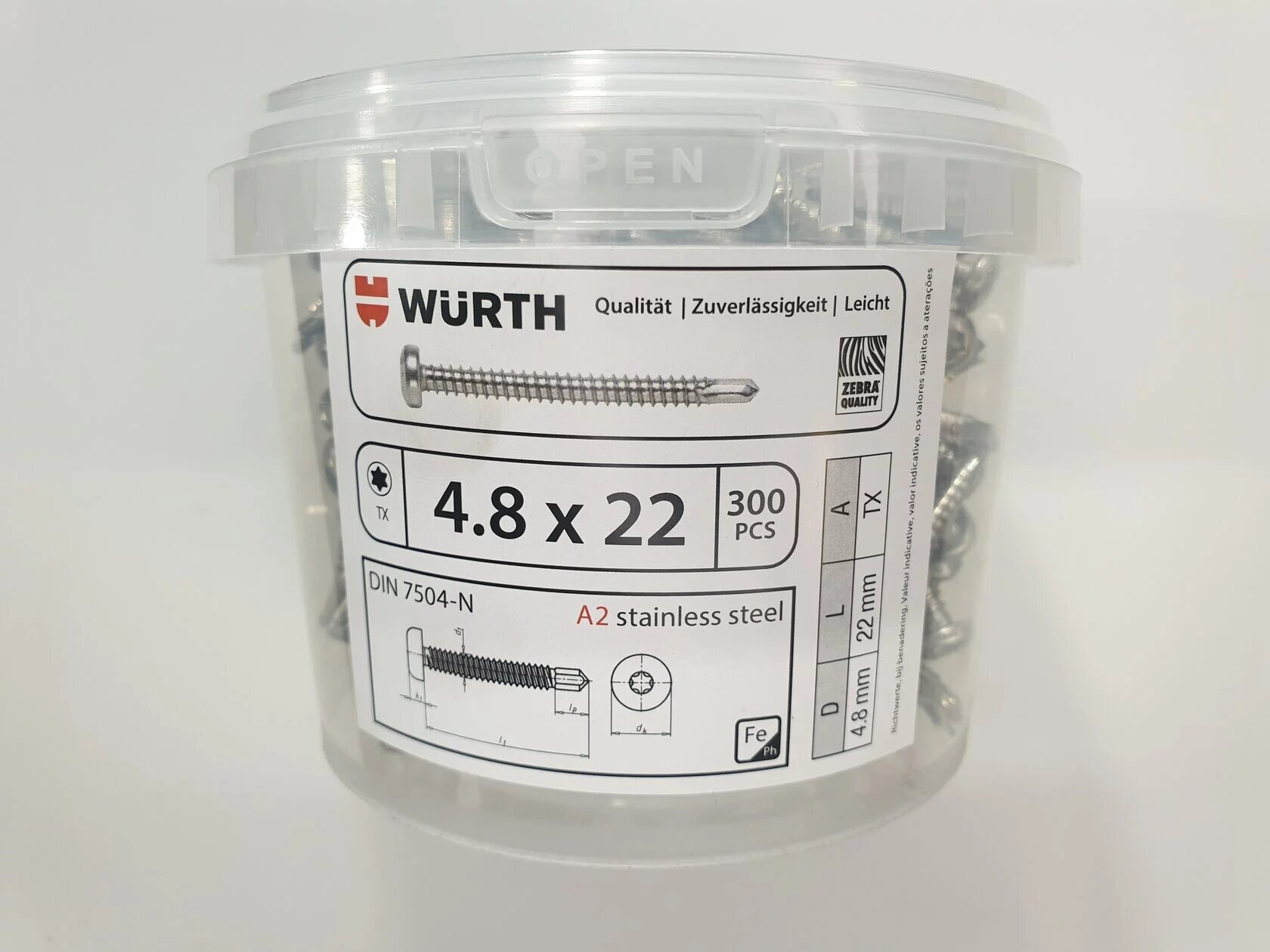 Саморез по металлу DIN 7504-N 4.8x22 Torx A2 (300 pcs) WURTH, Германия