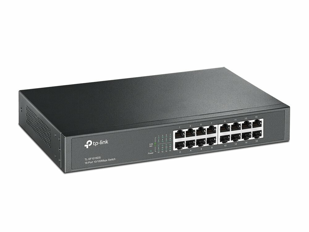 TP-Link TL-SF1016DS Коммутатор 16-портовый 10/100 Мбит/с, 16 портов RJ45 10/100 Мбит/с, 1U 13-дюймов, стальной корпус