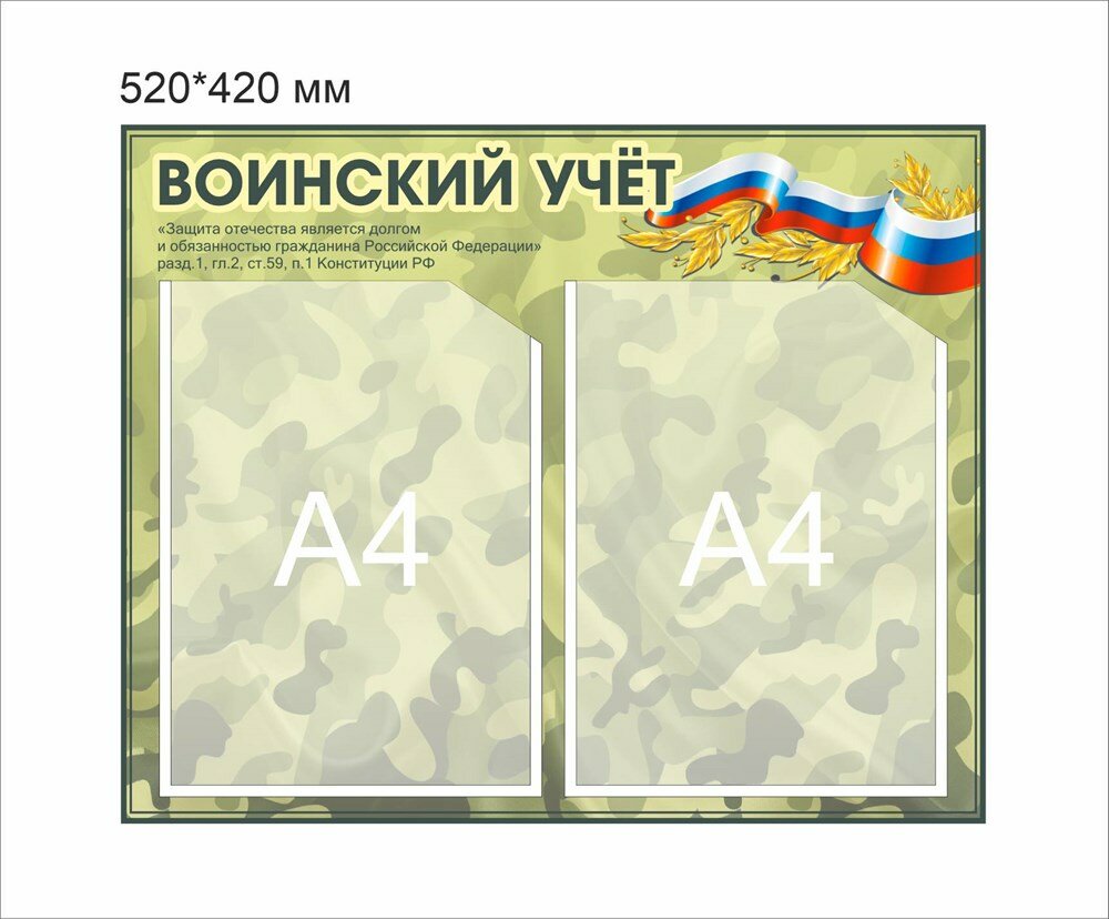 Стенд Воинский учет размер 520 х 420 пластик 3 мм с карманами А4 2шт