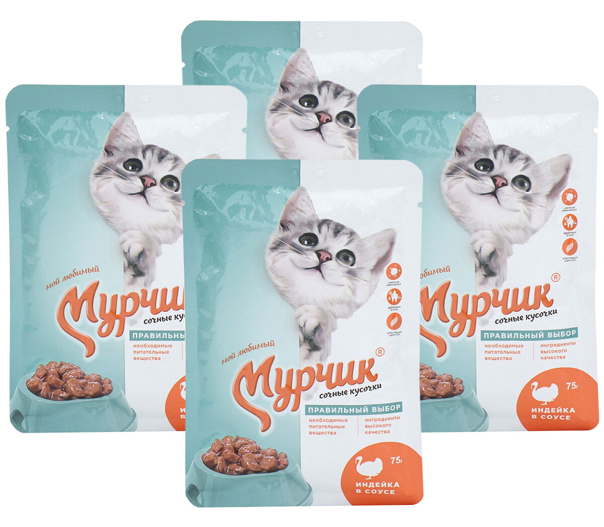 Корм влажный Мурчик для взрослых кошек, индейка в соусе, пауч, 75 гр х 4 шт