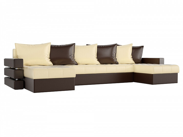 Угловой диван Веста (Венеция) П-образный Бежево-Коричневый, еврокнижка, 300х150х85 см, с ящиком для белья