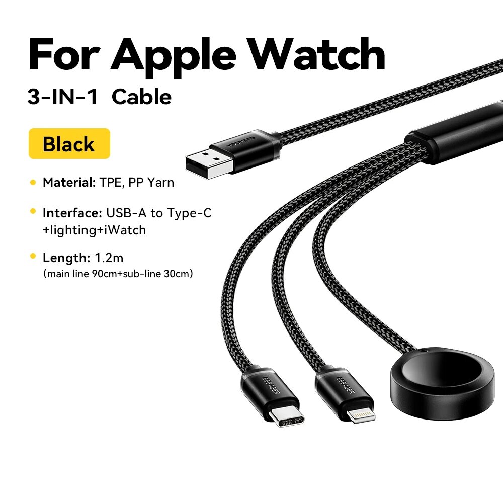 Essager 3 в 1 Multi USB A зарядный кабель для передачи данных для iPhone 16 15 14 13 Pro Apple iWatch с USB Type C Lightning зарядный кабель