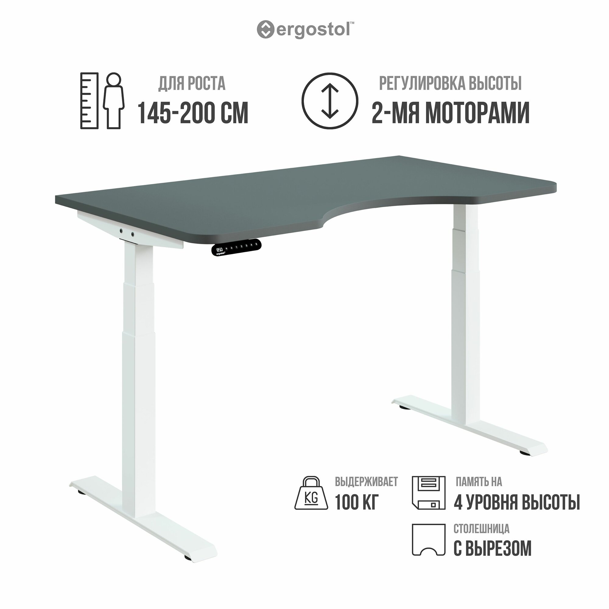 Стол компьютерный регулируемый по высоте Ergostol Terra 2.0 с центр. вырезом 138х68 см, Серый асфальт/белый