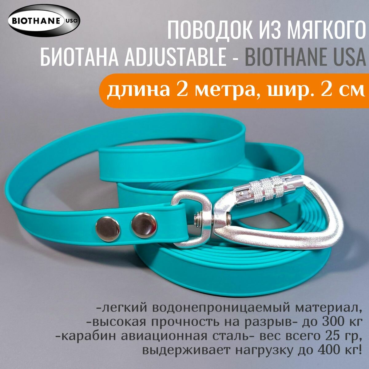 R-Dog Поводок из легкого биотана Adjustable (Biothane USA), карабин авиационная сталь, цвет бирюзовый, 2 метра, ширина 2 см