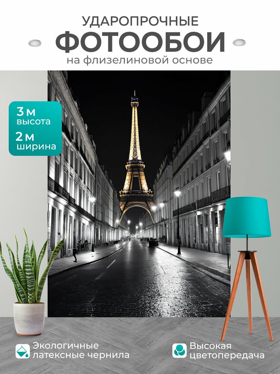 Фотообои моющиеся ударопрочные "Ночной париж, раскрашенный огнями и загадочными тенями, где каждый уголок — это новое открытие. стиль: черно-белая" 200x300 см. флизелиновые на стену