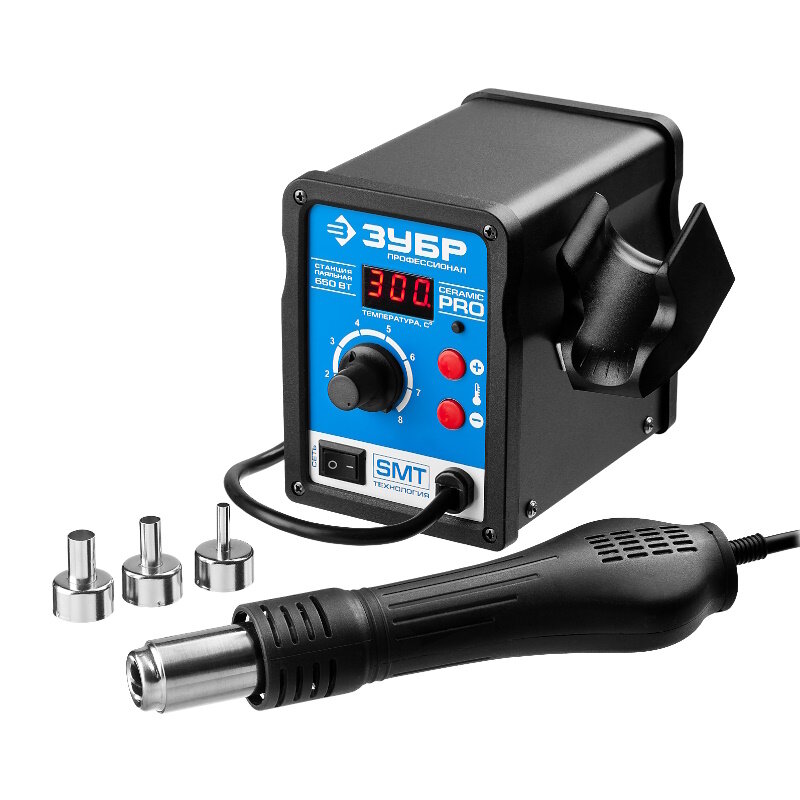 ЗУБР ПСТ-650, 650 Вт, 100 - 500°C,120 л/мин, 3 насадки, керамический нагреватель, цифровая термовоздушная паяльная станция, Профессионал 55350