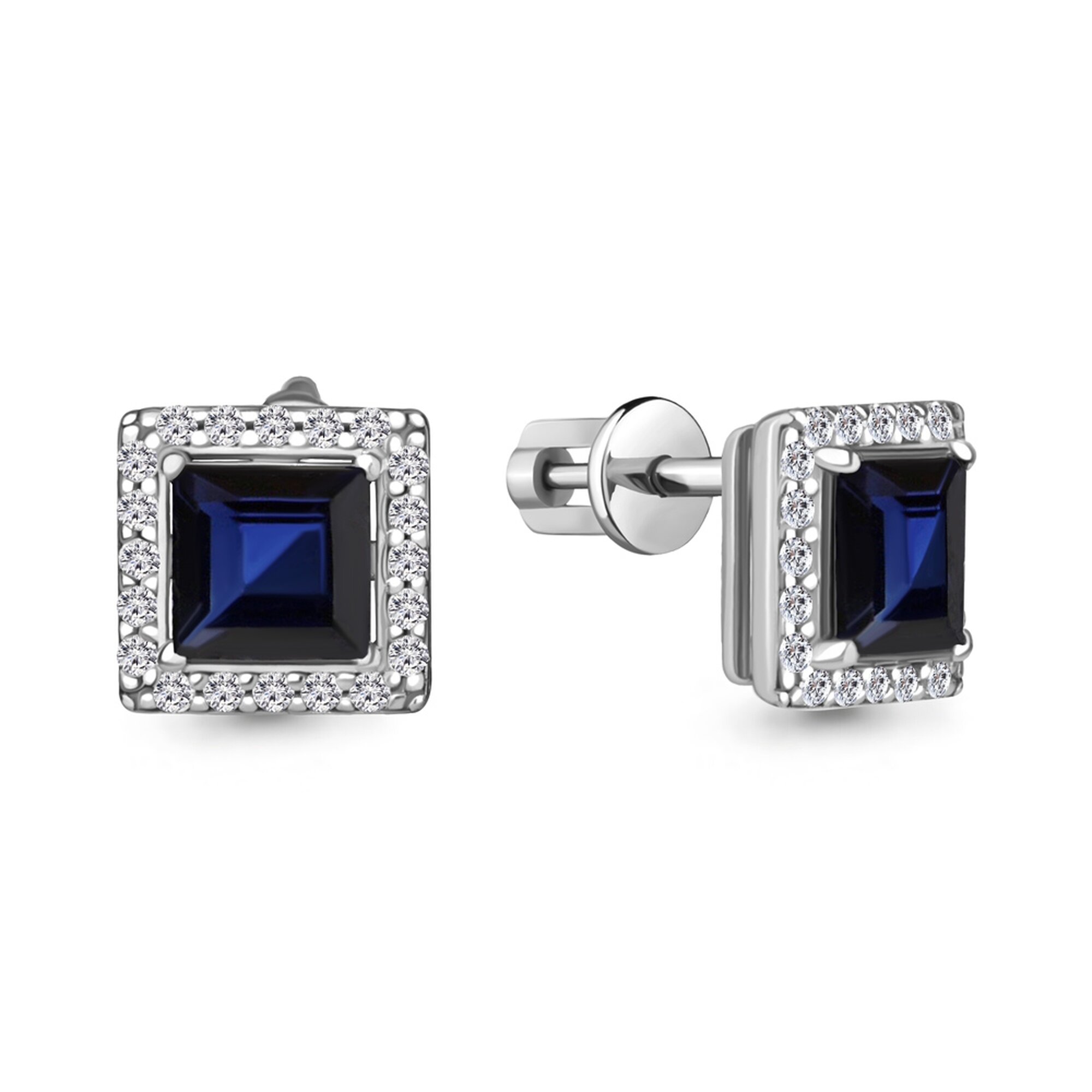 Серьги пусеты, серебро, 925 проба, родирование, сапфир синтетический, фианит