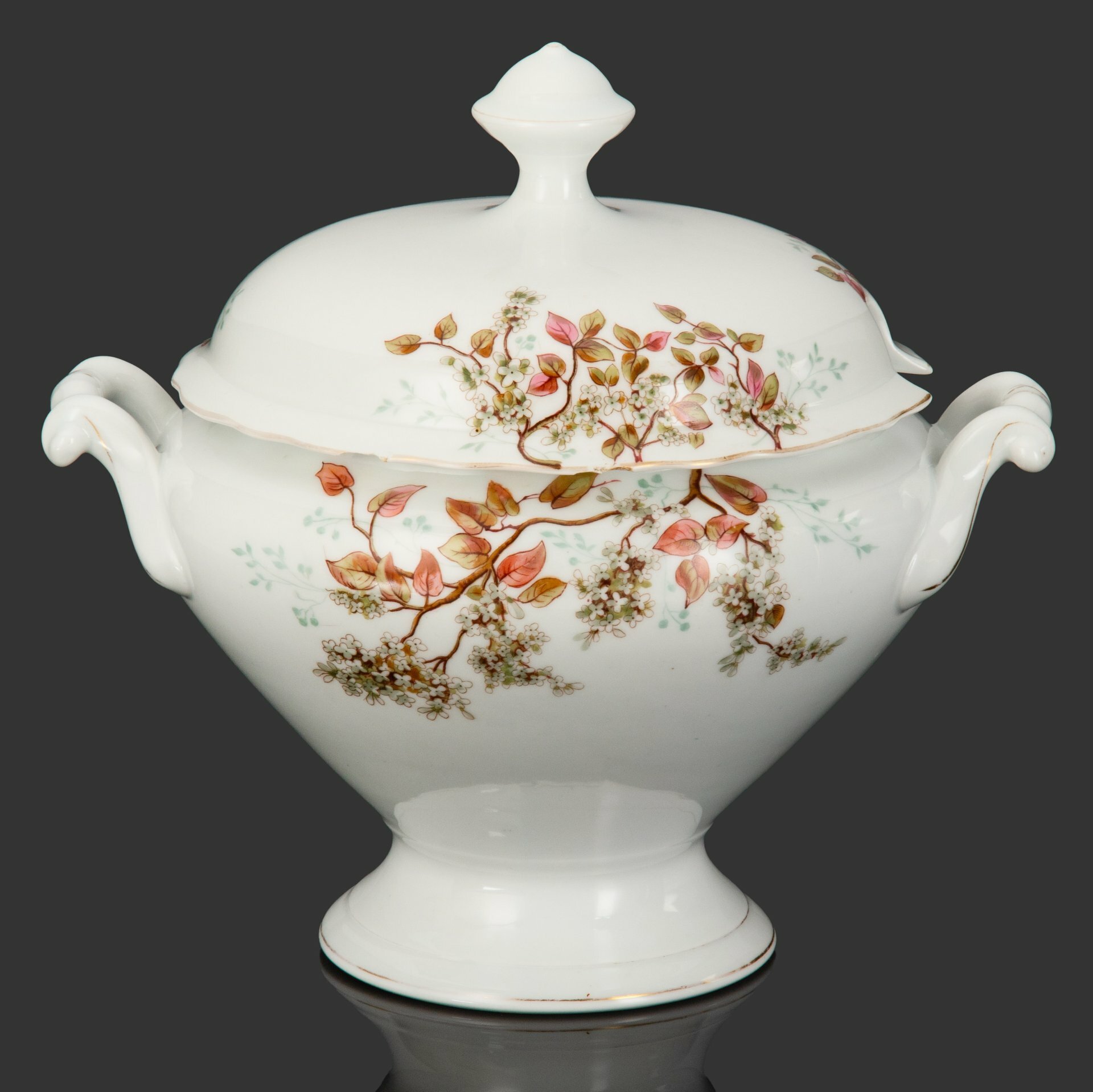 Супница с крышкой, декорированная цветущей яблоней, фарфор