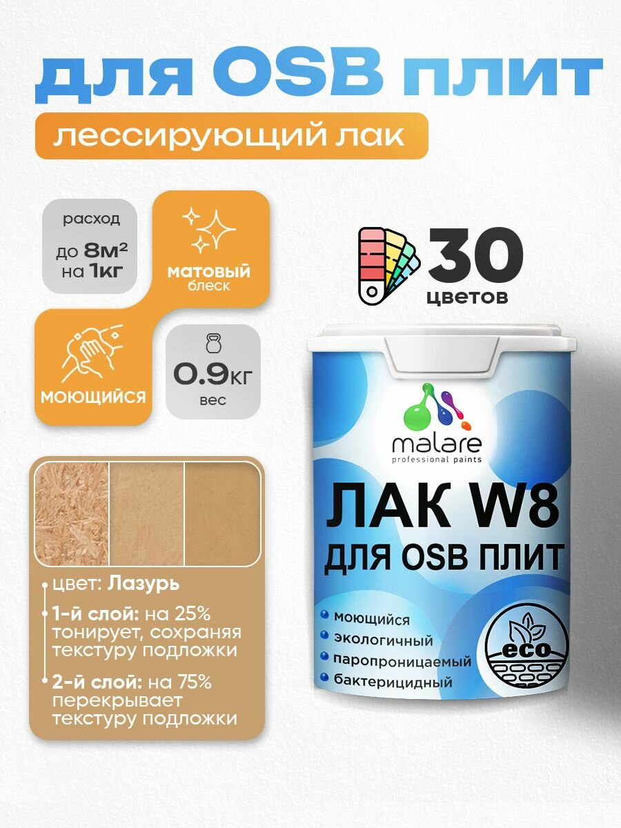 Лак колерованный тонирующий для защиты ОСБ плит Malare W8 для дерева и минеральных поверхностей, паропроницаемый водный без запаха, матовый, лазурь, 0.9 кг.
