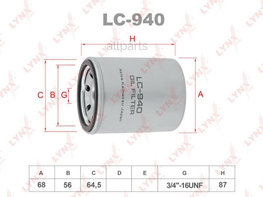 LYNXAUTO LC-940 Фильтр масляный TOYOTA Ave/Cel/Cor/Rav SUZ Bal/Lia/Vit NISSAN LYNXauto LC-940