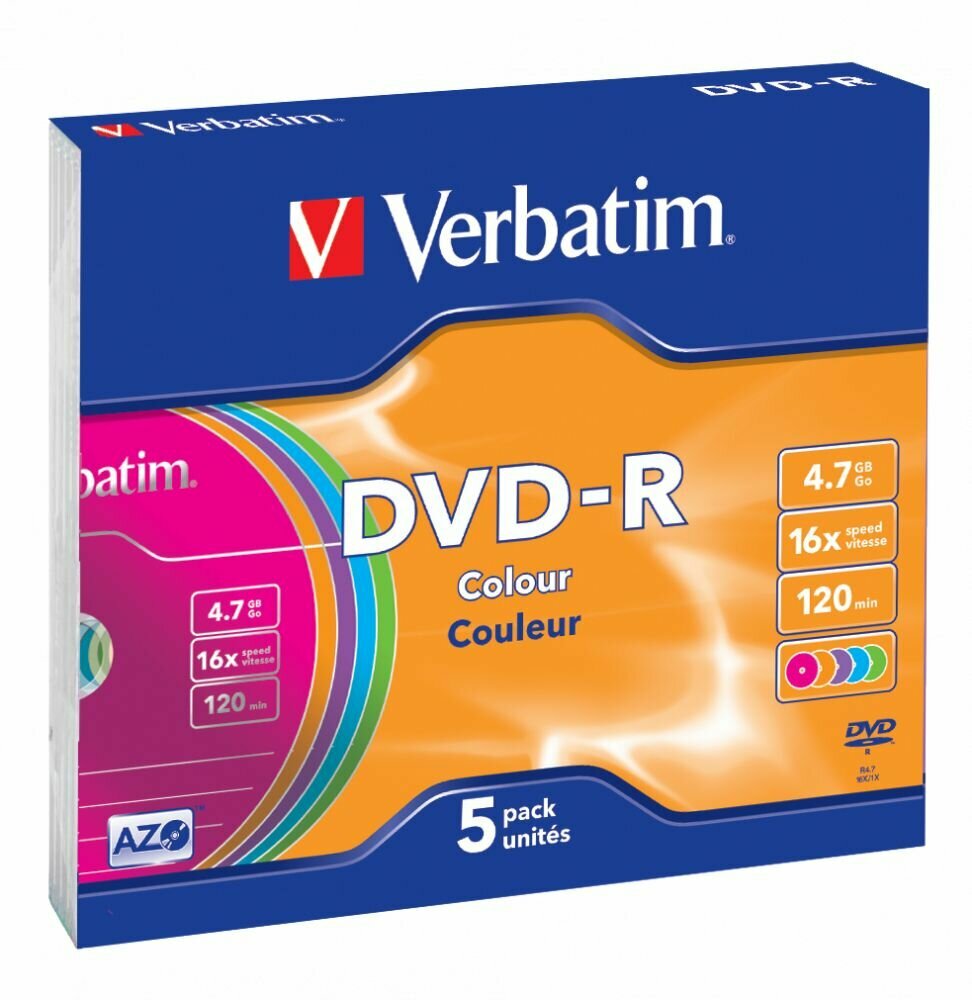 Оптические диски Verbatim DVD-R 4.7 ГБ 16X AZO цветной 5 шт. в тонких коробках