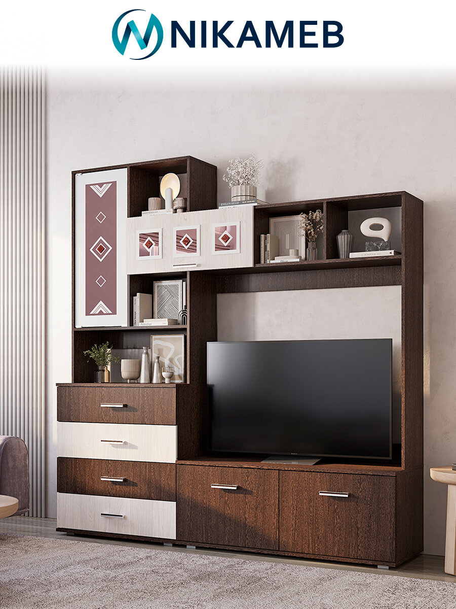 Стенка в гостиную МС "Белла", ЛДСП (венге/ясень белый), 200х47х212 см