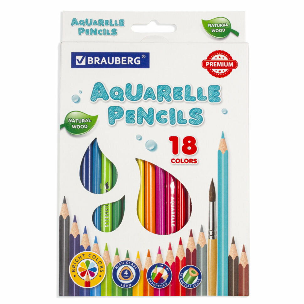 Карандаши цветные акварельные BRAUBERG PREMIUM AQUARELLE, 18 цветов, трехгранные, утолщенный грифель 4 мм, натуральное дерево, 181672, 181672