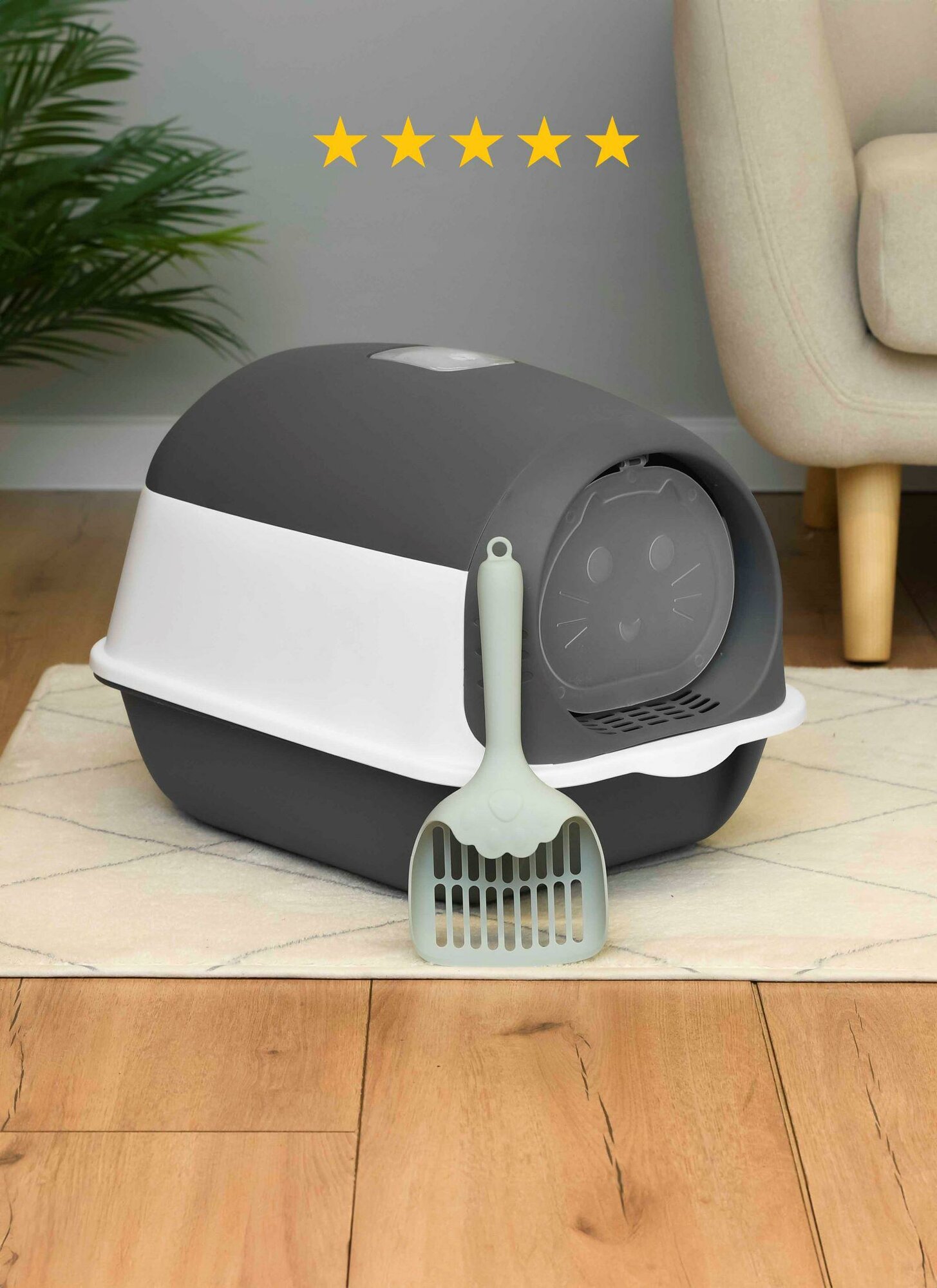 Лоток для кошек туалет закрытый с дверцей и совком "Уединение", серый, 50 см