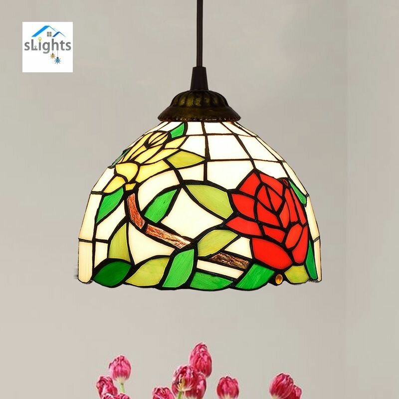 Светильник подвесной-sLights Витраж Тиффани арт двухцветная роза люстра-20CM