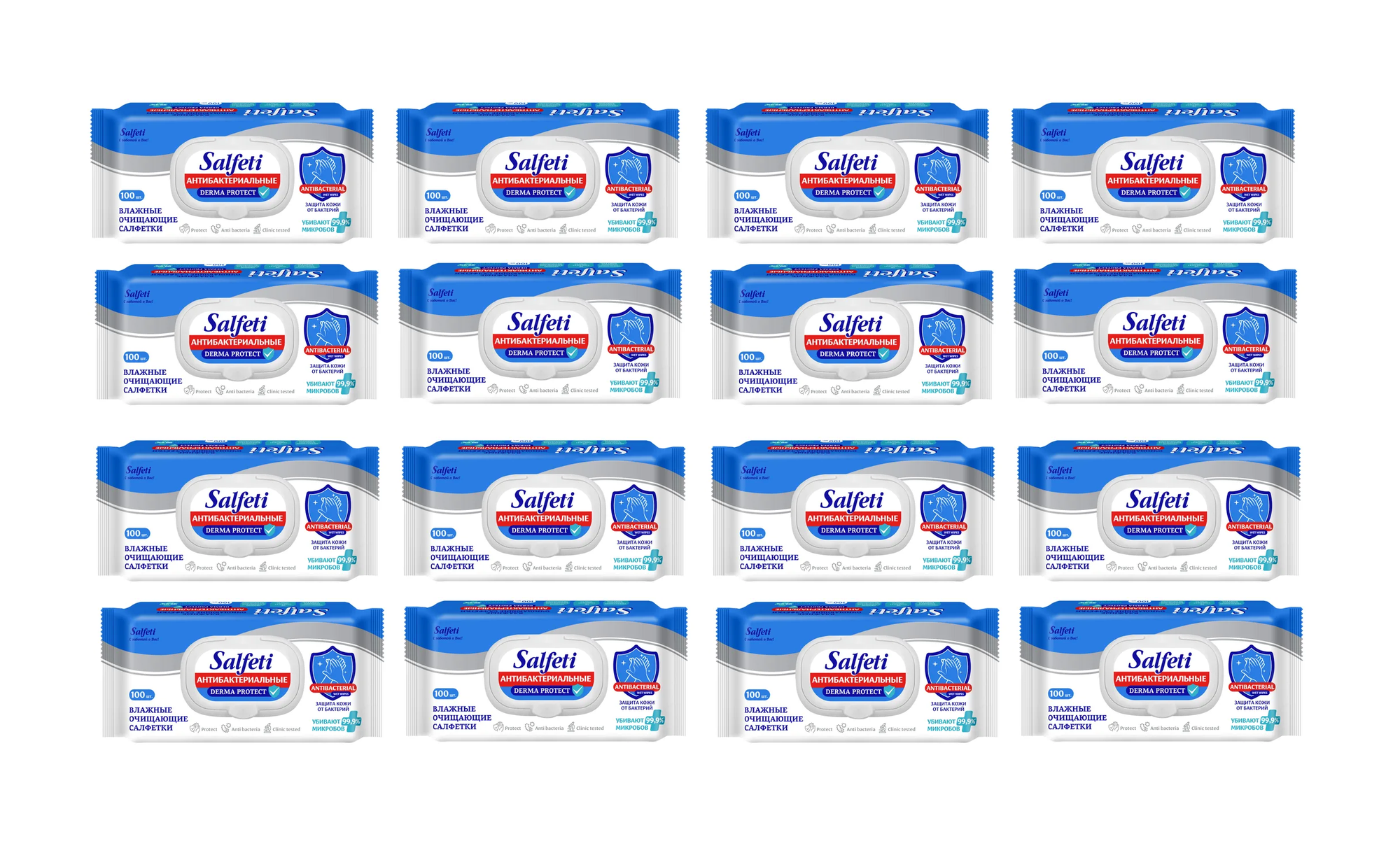 Влажные салфетки Salfeti Антибактериальные, 100 шт. 16 пачек