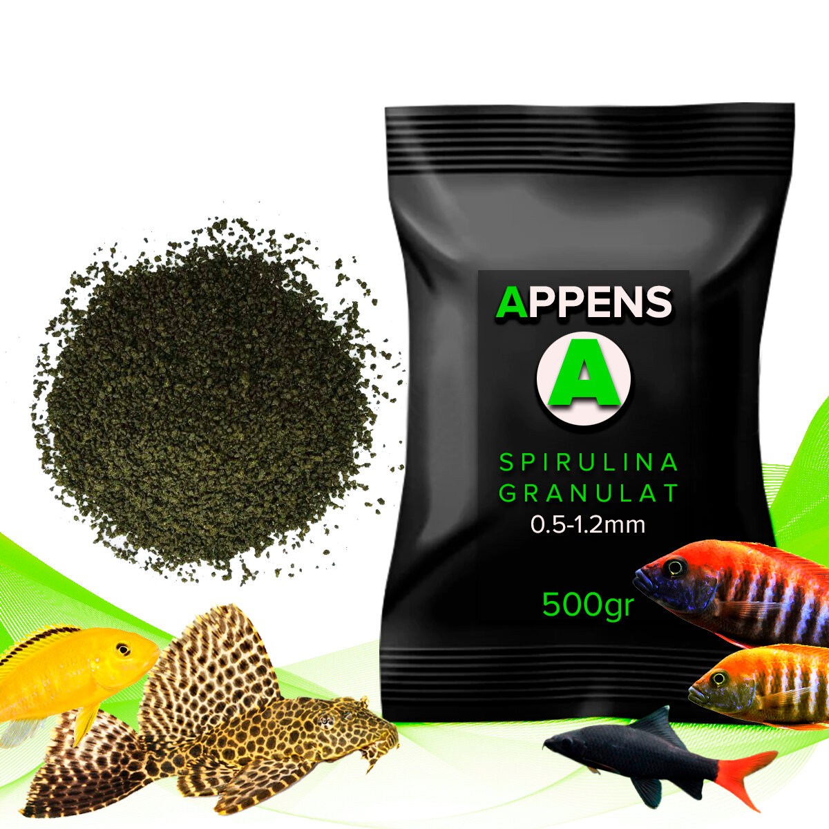 Spirulina Granulat 0.5-1.2, 500гр - средний корм для усиления окраса у аквариумных рыбок