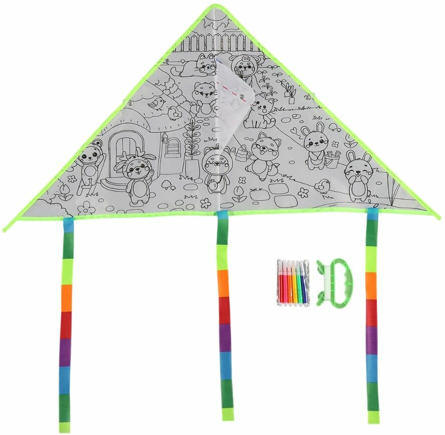 Детский воздушный змей-раскраска "Зверятки", в наборе 6 фломастеров и леска, летающая игрушка для игр на свежем воздухе, 80 см