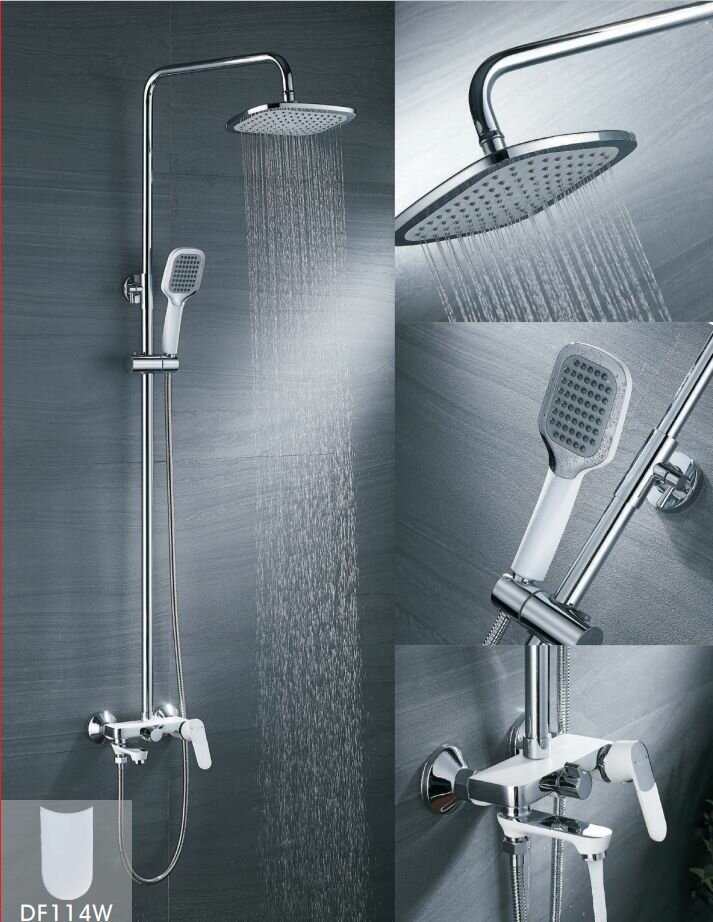 Душевая стойка Diadonna D87-335114W с коротким изливом, лейка на шланге, верхний душ, картридж 35 мм, хром с белым