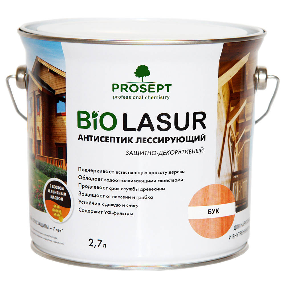 Антисептик Лессирующий Prosept Bio Lasur 2.7л для Древесины, Полуматовый, Служба до 7 Лет / Просепт Био Лазурь.