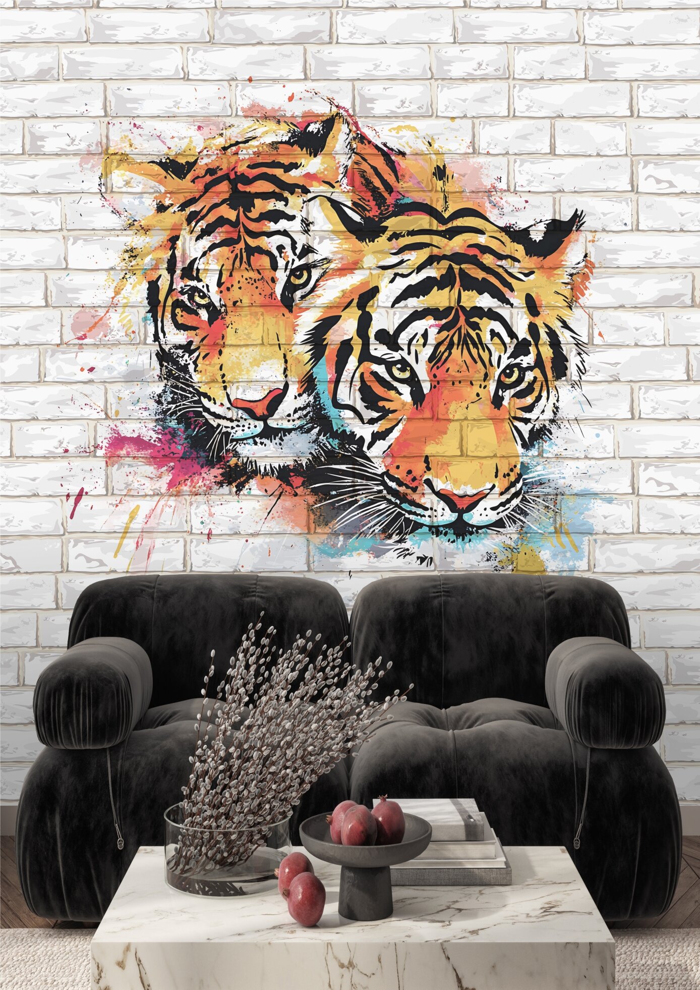 Флизелиновые фотообои на стену с животными "Пара тигров на фоне кирпичной стены" 200х270 см для спальни, гостиной, коридора, в зал, на кухню