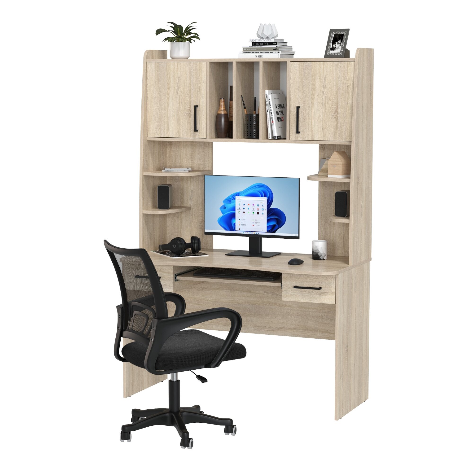 Компьютерный стол Бета с надстройкой и черным креслом, дуб сонома, 120х60,5х183,5 см.