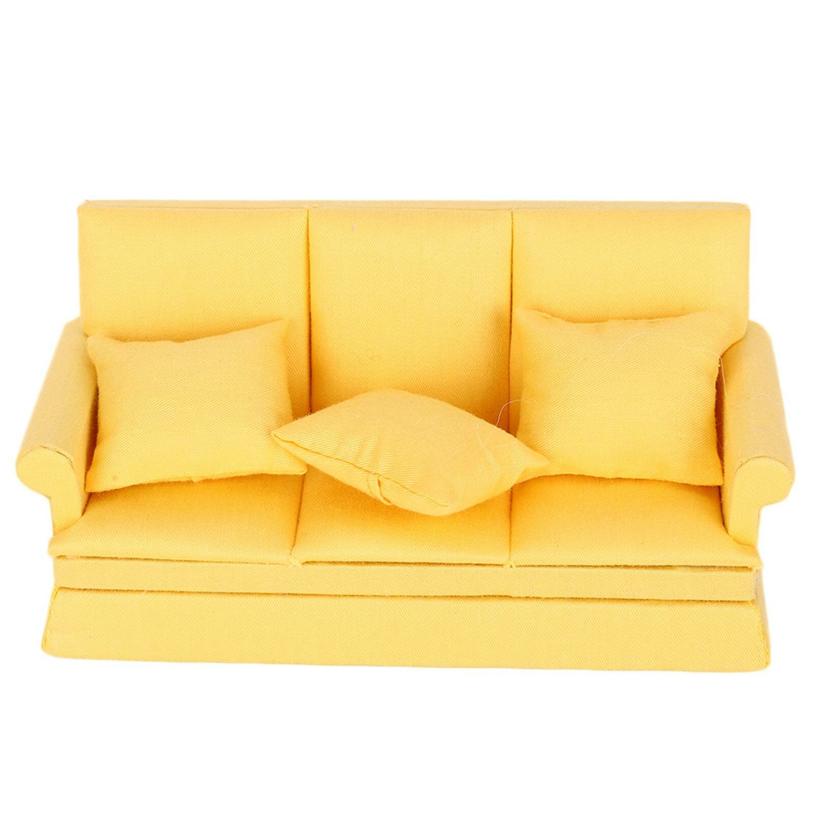 1:12 Doll House Mini Sofa with 3pcs Pillow Living Room Furniture Wooden Decoration AccessoriesYellow