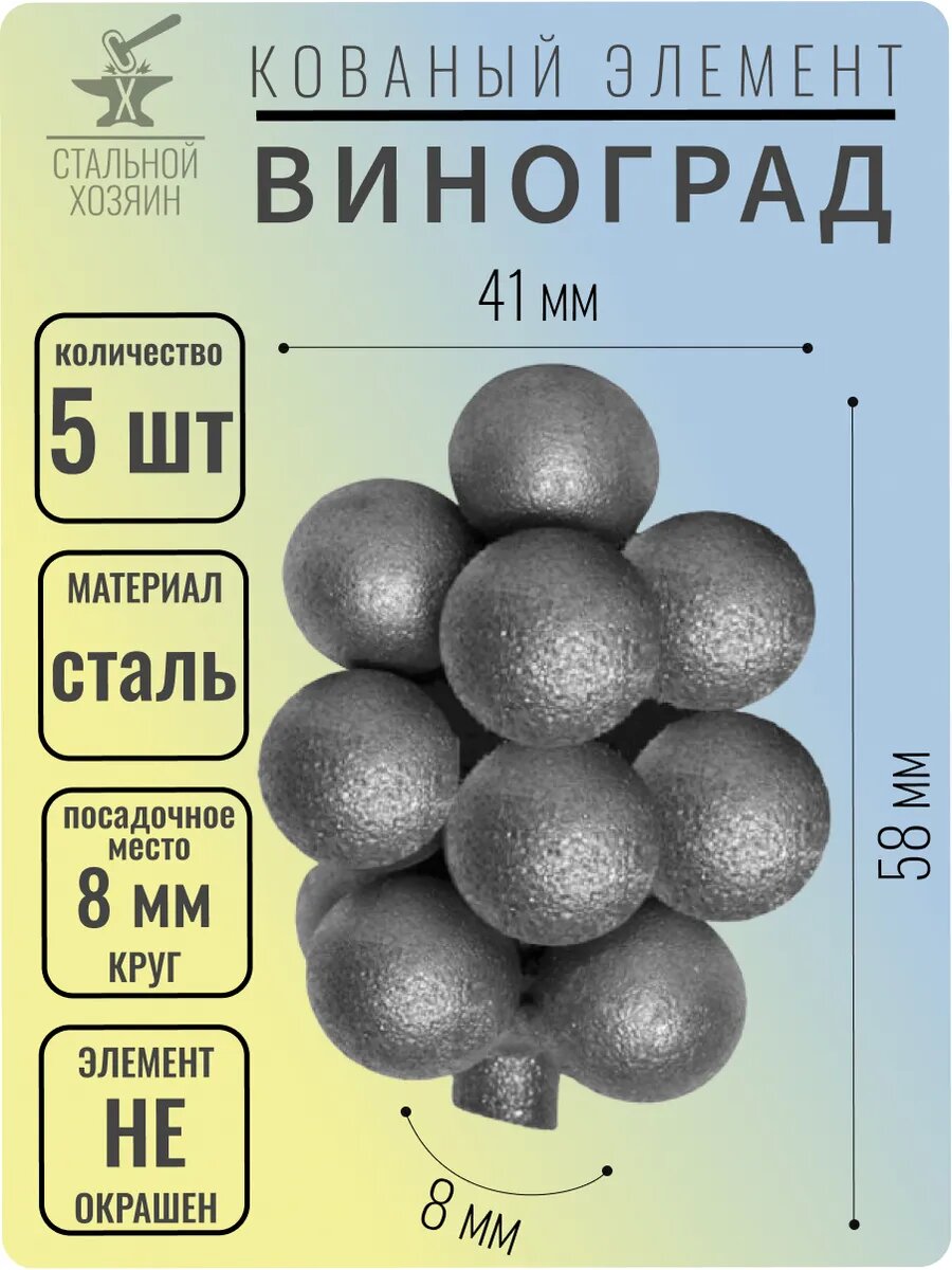 5 шт. Декоративный кованый элемент Виноградная гроздь 58х41 мм